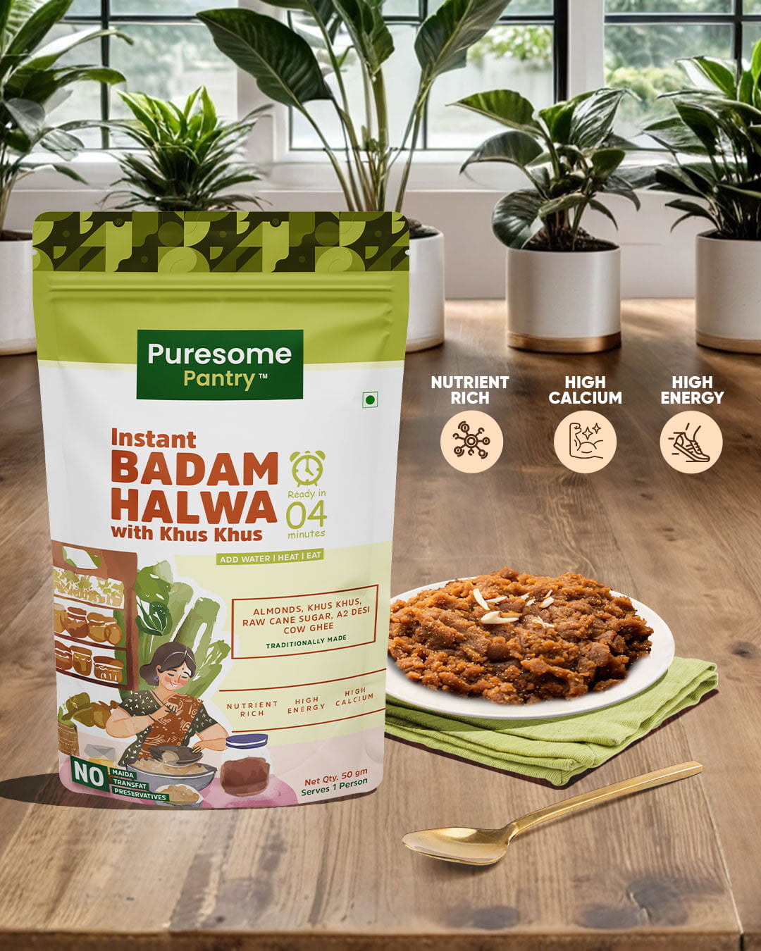 Instant Badam Halwa - Puresome Pantry | Almonds, A2 Desi Ghee, Natural ...