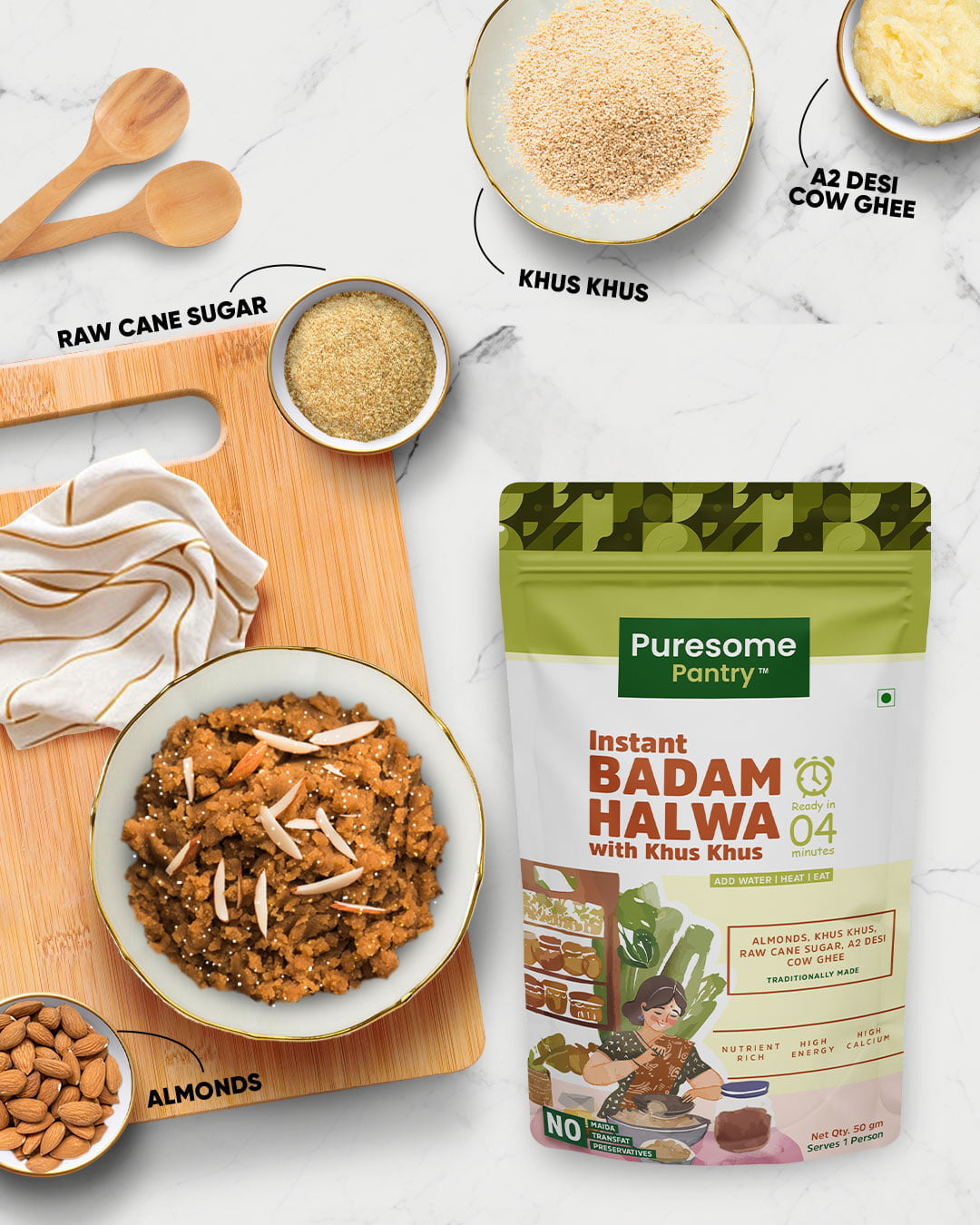 Instant Badam Halwa - Puresome Pantry | Almonds, A2 Desi Ghee, Natural ...